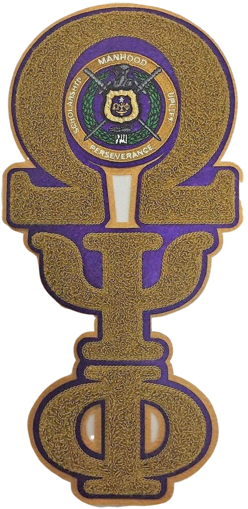 Omega Psi Phi - Greek Letter Vertical Chenille Patch With Shield – Que Essentials