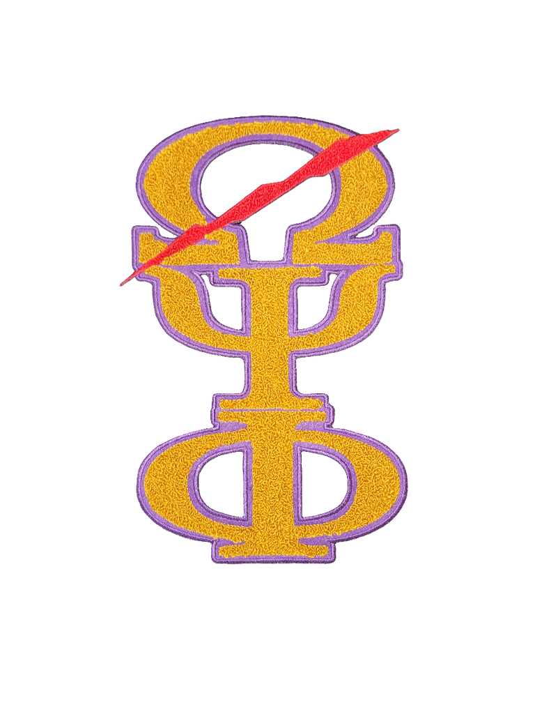 Omega Psi Phi - Chenille Greek Letter Vertical Patch With Thunderbolt – Que Essentials