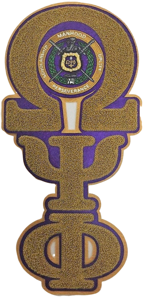 Omega Psi Phi - Greek Letter Vertical Chenille Patch With Shield – Que Essentials